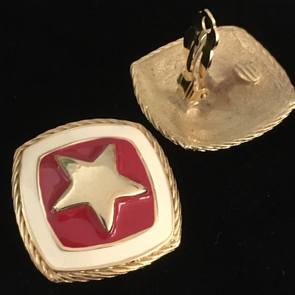 unknown | Jewelry | Vintage Red White Enamel Gold Star Clip On Earrings ...